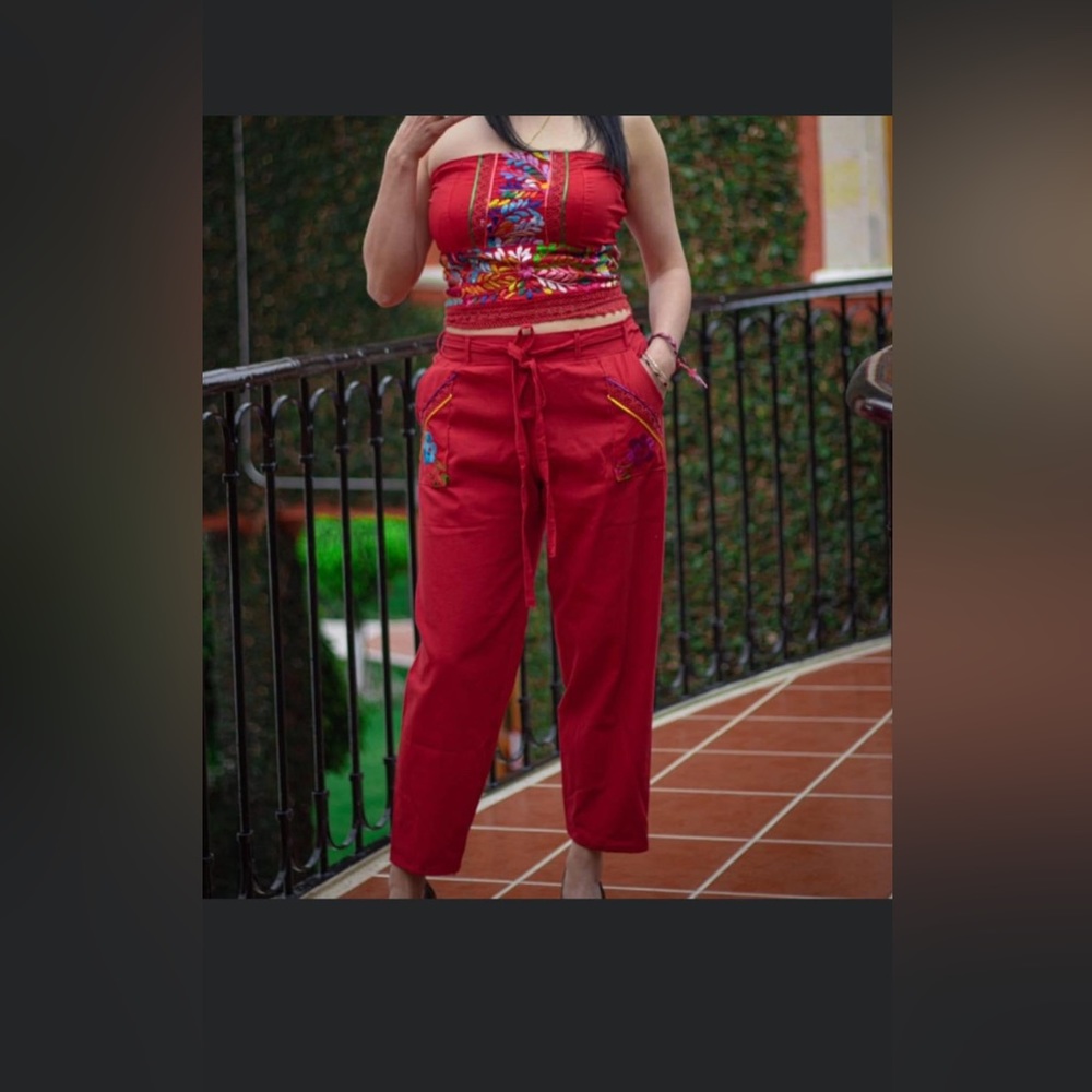 Authentic Mexican Embroidered 2 Piece Pants Top Set - Gem